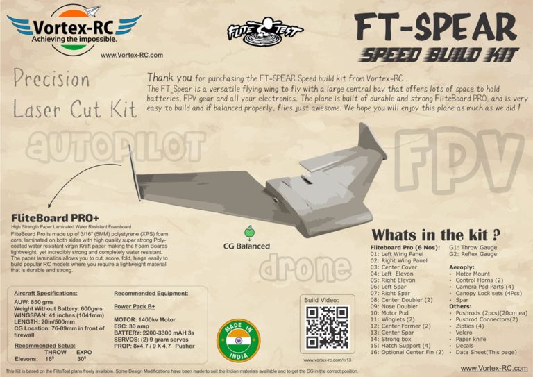 FT-Spear Flying Wing - Laser Cut Foamboard Speed Build kit - Vortex-RC